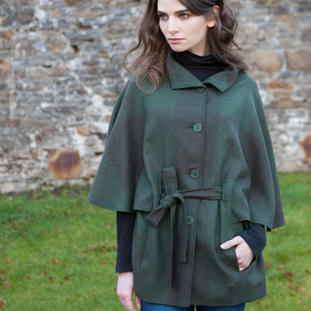 Triona | Women's Irish Tweed Forest Green Aoife Cape – Triona Design