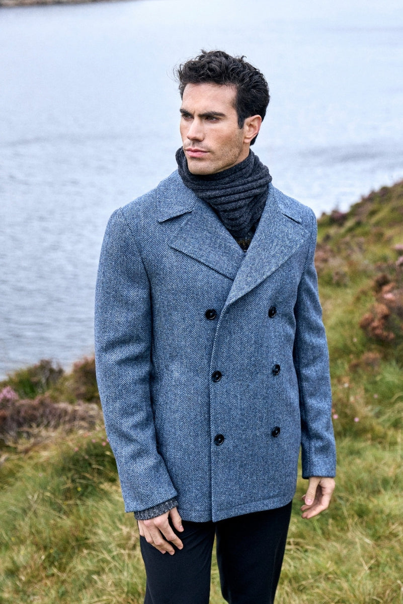 Triona | Denim Herringbone Cathal Irish Tweed Peacoat – Triona Design