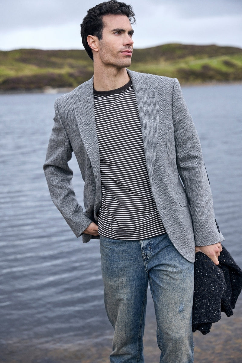 Triona Design | Grey Herringbone Oisin Slim Tweed Jacket with Elbow Patch