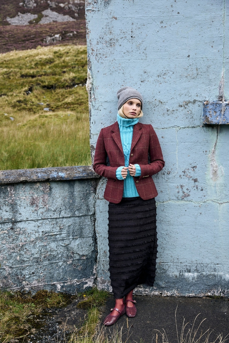 Triona | Wine & Gold Windowpane Orla Double Vent Tweed Jacket – Triona ...