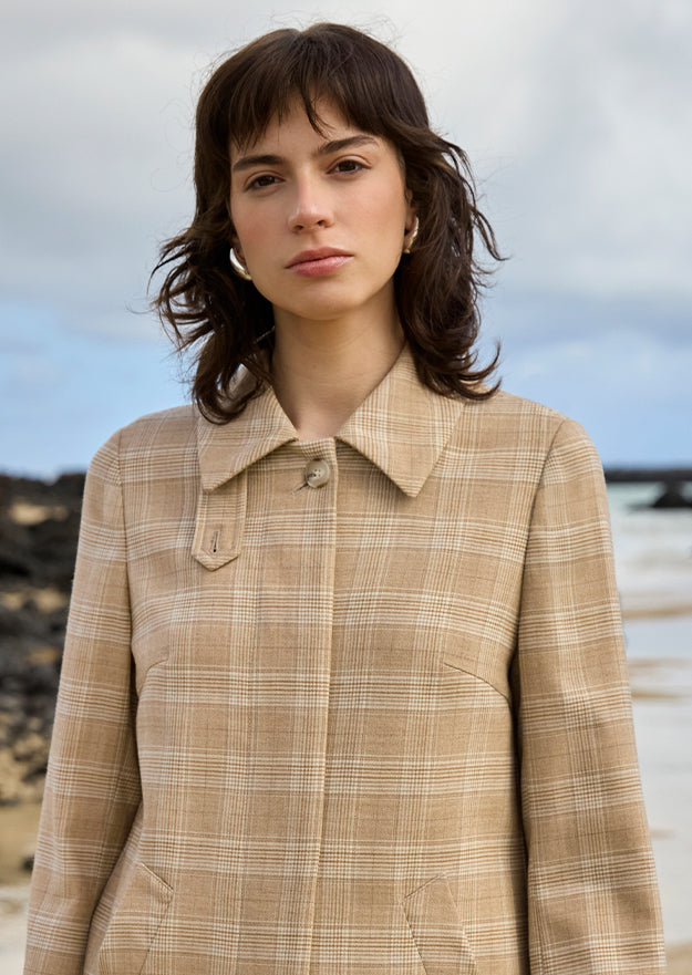 Triona | Spring Summer Sandstone Check Maeve Mac Coat – Triona Design