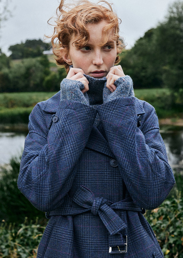 Triona | Navy Prince of Wales Check Faye Double Breasted Mac Coat ...